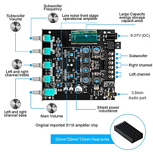 MakerHawk Bluetooth Amplifier Board HiFi Stereo 2.1 TPA3116D2 2X50W+100W 12V-24V Audio Power Amplifier Module Bass and Treble Control for Store Home Theater Speakers (ZK-TB21)