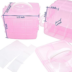 2 Pack - Small Pink Stackable Craft Organizer Box, 3-Layer Small Storage Container Case, with Adjustable Compartments for Beads, Crafts, Jewelry, Fishing Tackle (5.75 x 5.75 x 5 inches)