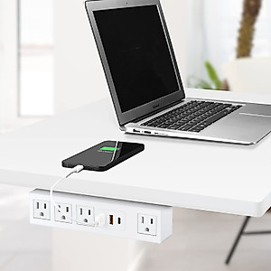 JUNNUJ 20W USB C Under Desk Power Strip, Under Mount Surge Protector with 4 Outlet Desktop, Adhesive Wall Mount Strip Socket Table Multi-Outlets with 3 USB Ports, 6FT Cable with Flat Plug - Black