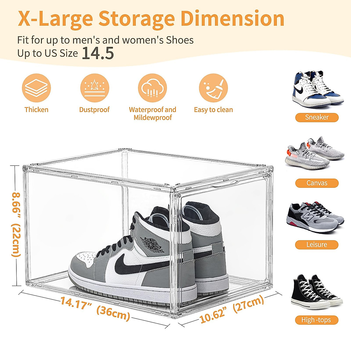 CKHXR 1 Pack X-Large Acrylic Clear Shoe Boxes,Professional Boot and Hat Display Case Organizer,Purse Organizer for Closet,360° Clear Plastic Stackable Sneaker Storage for Sneakerhead,Fits US Size 14.5