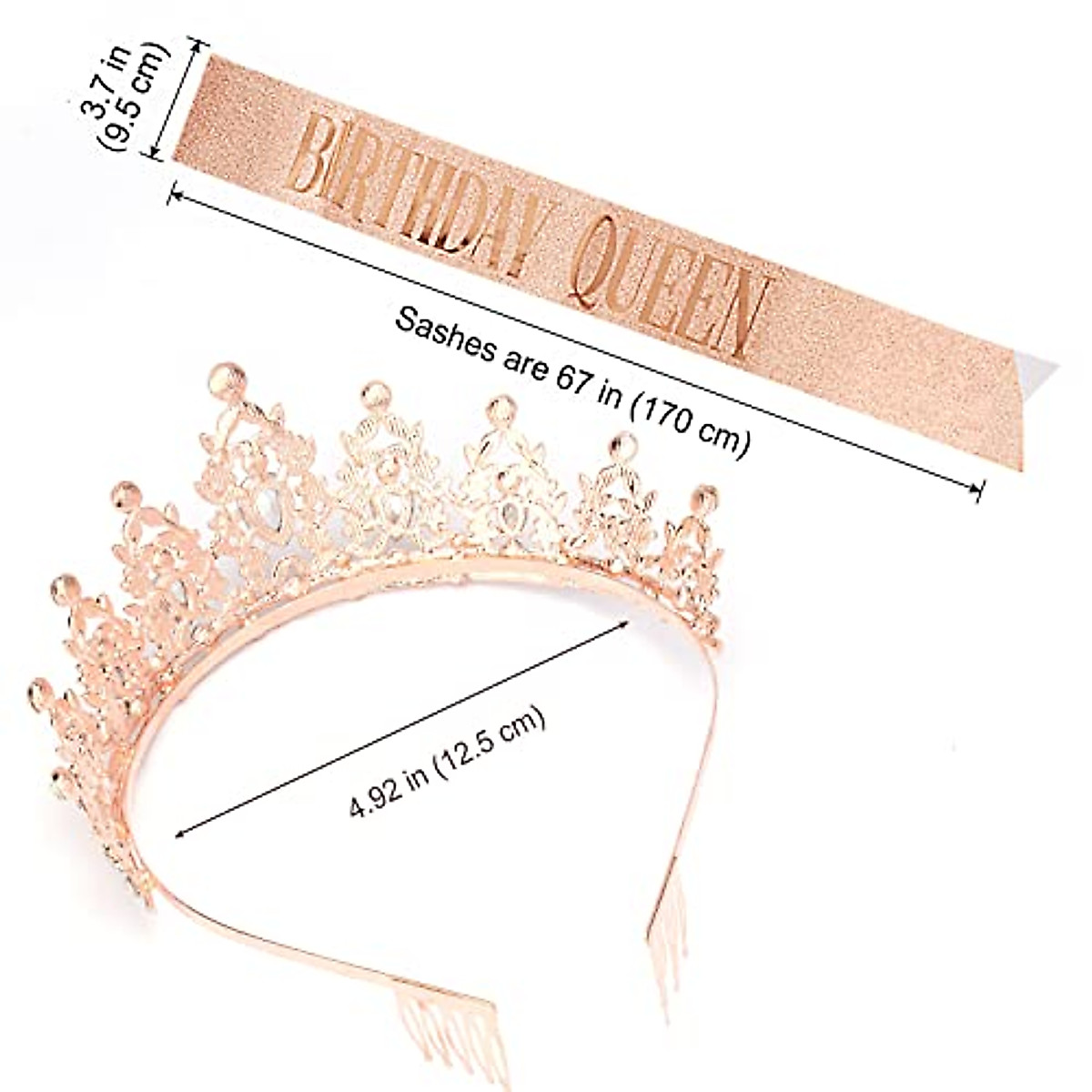 Birthday Queen Sash & Crystal Tiara Kit, Didder Rhinestones Crown Glitter Birthday Sash Birthday Crowns for Women Girls Birthday Tiaras for Women Hair Accessories for Prom Party Gift (Rose Gold)