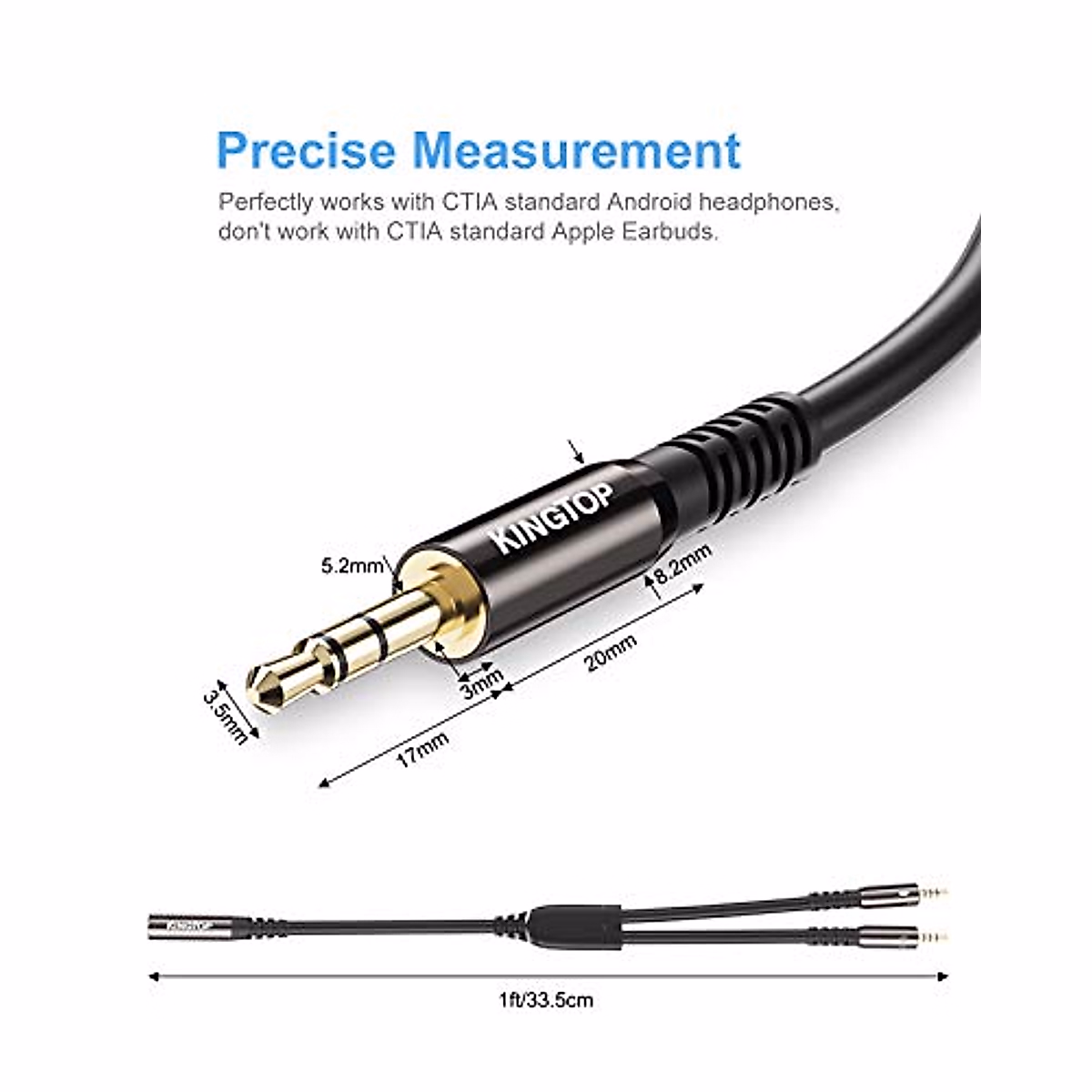 KINGTOP Headphone Splitter, 3.5mm Headphone Mic Stereo Y Splitter, 3.5mm TRRS Female to Dual 3.5mm TRS Male Combo Audio Adapter for PC, Laptop, Desktop, Headphone, Gaming Headset (Black)