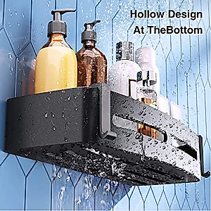 Bathroom Shelves Corner Shelf Shower Caddy, Wall Mounted Shower Shelving, 2-Tier Kitchen Racks Shower Organizer Basket with 4 Movable Hooks, Aluminum Storage Rack,Black