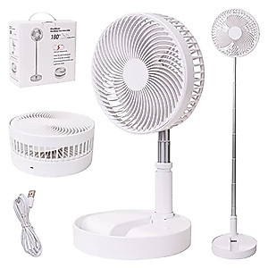 Portable Desk Fan,Foldable Fan Pedestal Stand Floor Fan Adjustable Height from 14.2 inch to 39inch, 4 Speeds & Time Settings, 7200mAh Rechargeable Battery Telescopic Oscillate USB Charging (WHITE)