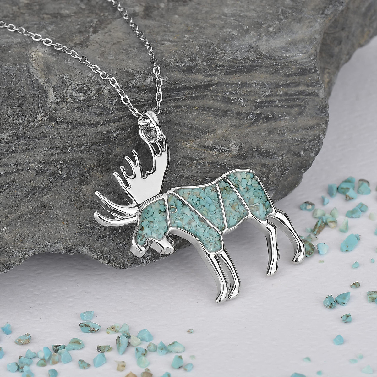 Lauren-Spencer Gemstone Animal Necklace Turquoise Tiger's Eye Tumbled Chips Animal Pendant Necklace Bear Moose Goat Deer Elk Necklace Wildlife Nature Jewelry Gift for Women Men (Moose-Turquoise)