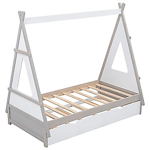 JIVOIT Wooden Tent Floor Bed with Pull-Out Twin Size Trundle, Twin Size Floor Bed House Bed with X-Shaped Safety Railings, Montessori Bed Playhouse House Platform Bed for Kids Boys Girls