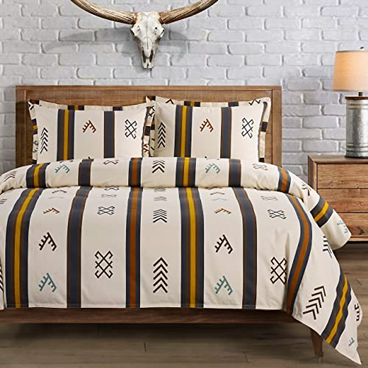 HiEnd Accents Toluca Canvas Western Bedding 3 Piece Super King Duvet Covet Set, Cattle Brand Symbols Print, Striped Cotton Rustic Cabin Lodge Bed Set, 1 Comforter Cover, 2 Pillowcases