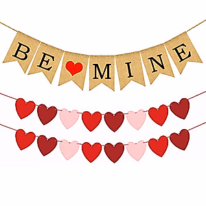 Valentines Day Banners - BE Mine Burlap Banner with 2 Felt Heart Garland Banners - Valentine's Day Decorations, Wedding, Engagement Party Supplies