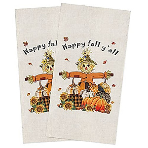 Fall Kitchen Towels Set Happy Fall Y'all Thanksgiving Dish Towel Scarecrow Dishcloths 2 Pack,Absorbent Soft Cotton Dish Cloths Tea Towels Fall Seasonal Decoration Hand Towels Set