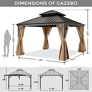 ABCCANOPY Hardtop Gazebo 12x12 - Outdoor Metal Hard Top Gazebo, Permanent Galvanized Steel Aluminum Framed Pavilion with Netting and Curtain for Patio Backyard Lawn Garden (Double Roof, Khaki)