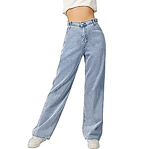 SANGTREE Girls Wide Leg Jeans Elastic Waist Denim Pants Baggy Jeans for Girls, Light Blue, 13-14 Years = Tag 170