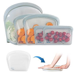 Durbl-Reusable Silicone Bags, 5 Pack(Sky), Snack+Sandwich+Half-Gallon, Microwave, Dishwasher and Freezer Safe Silicone Bags For Food & Travel, Reusable Baggies Perfect for Snack Sandwich Storage