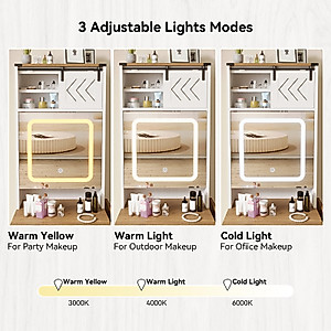 ARTETHYS Farmhouse Small Vanity Desk Set with Mirror Cabinet Compact Makeup Vanity Table with 3 Adjustable Lighted Mirror and Storage Chair for Small Space, White Dressing Table with Fold-up Panel