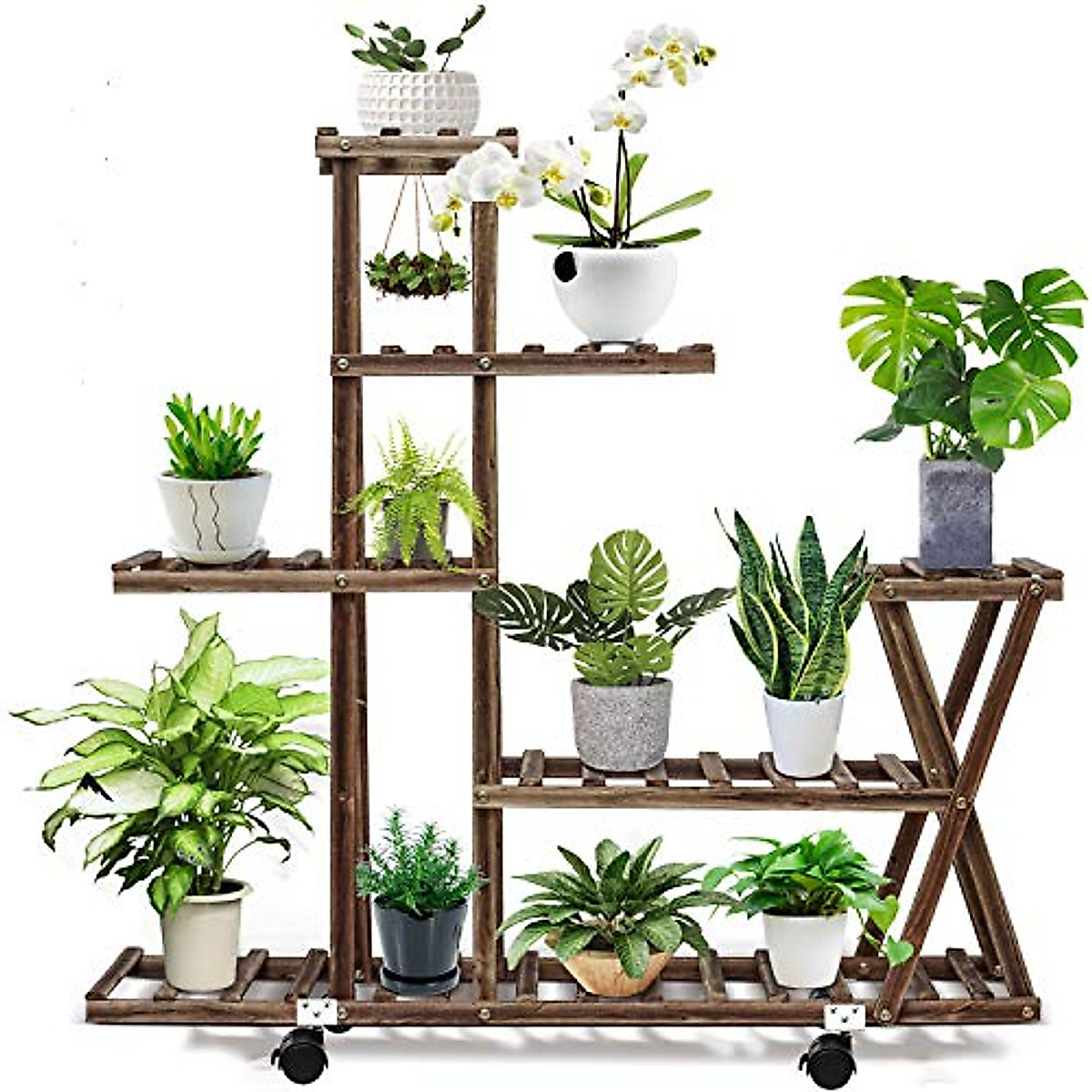 cfmour Wood Plant Stand Indoor Outdoor, Plant Display Multi Tier Flower Shelves Stands, Garden Plant Shelf Rack Holder in Corner Living Room Balcony Patio Yard with 3 Free Gardening Tools