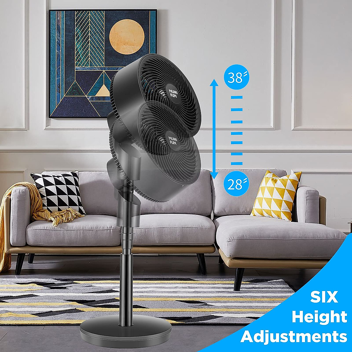 Air Circulator Fan Super Quiet with DC Motor Whole Room Oscillating Standing Floor Fan with Remote, 6 Adjustable Height, 3 Winds Mode, 12 Speeds & 90 Degree Pivoting Head For Bedroom Office Home