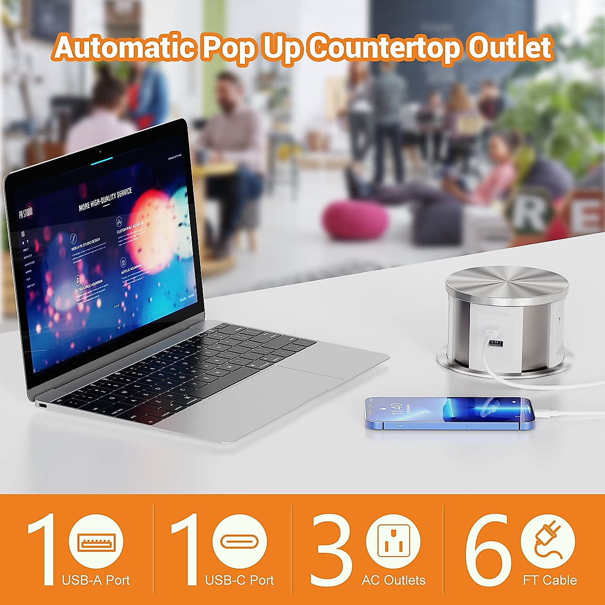 Pop Up Outlet for Countertop, Retractable Recessed Power Strip with 3 Outlets 1 USB A 1 USB C Port, Automatic Pop Up Outlet for Office Kitchen Island, White