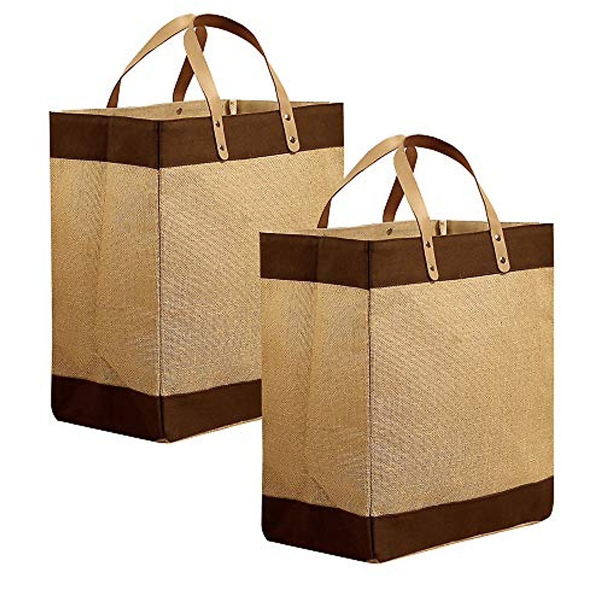 Preferred Nation Kona Jute Tote (Set of 2), Burlap with Leather Handles, Extra Wide for Grocery, Shopping, Beach, Outting Tote, Eco Friendly Brown
