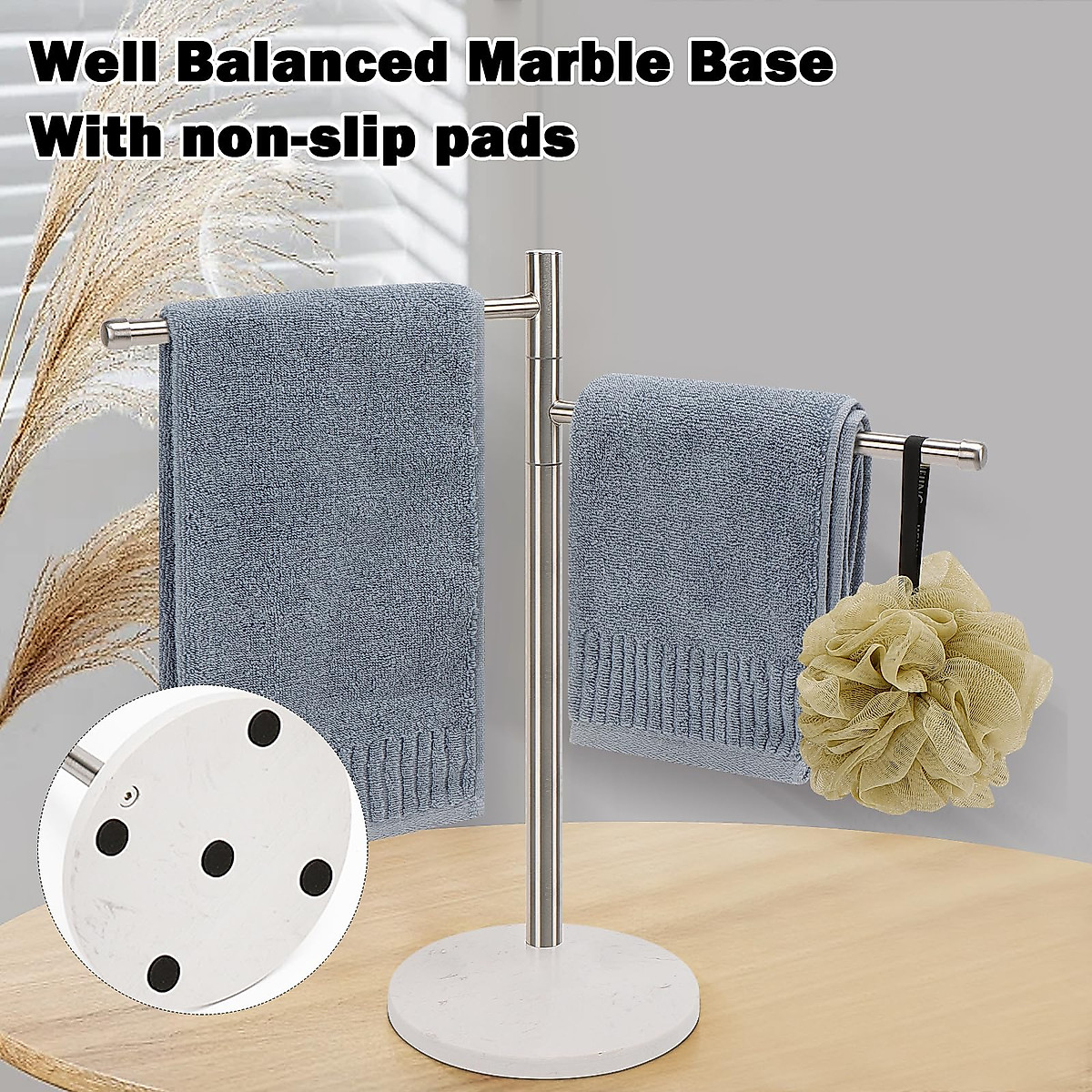 Winmien Standing Hand Towel Holder, Hand Towel Stand with Marble Base, 304 Stainless Steel Towel Rack with 2 Swivel Arm, Countertop Stand Towel Ring Towel Bar for Bathroom Countertop (Brushed Nickel)