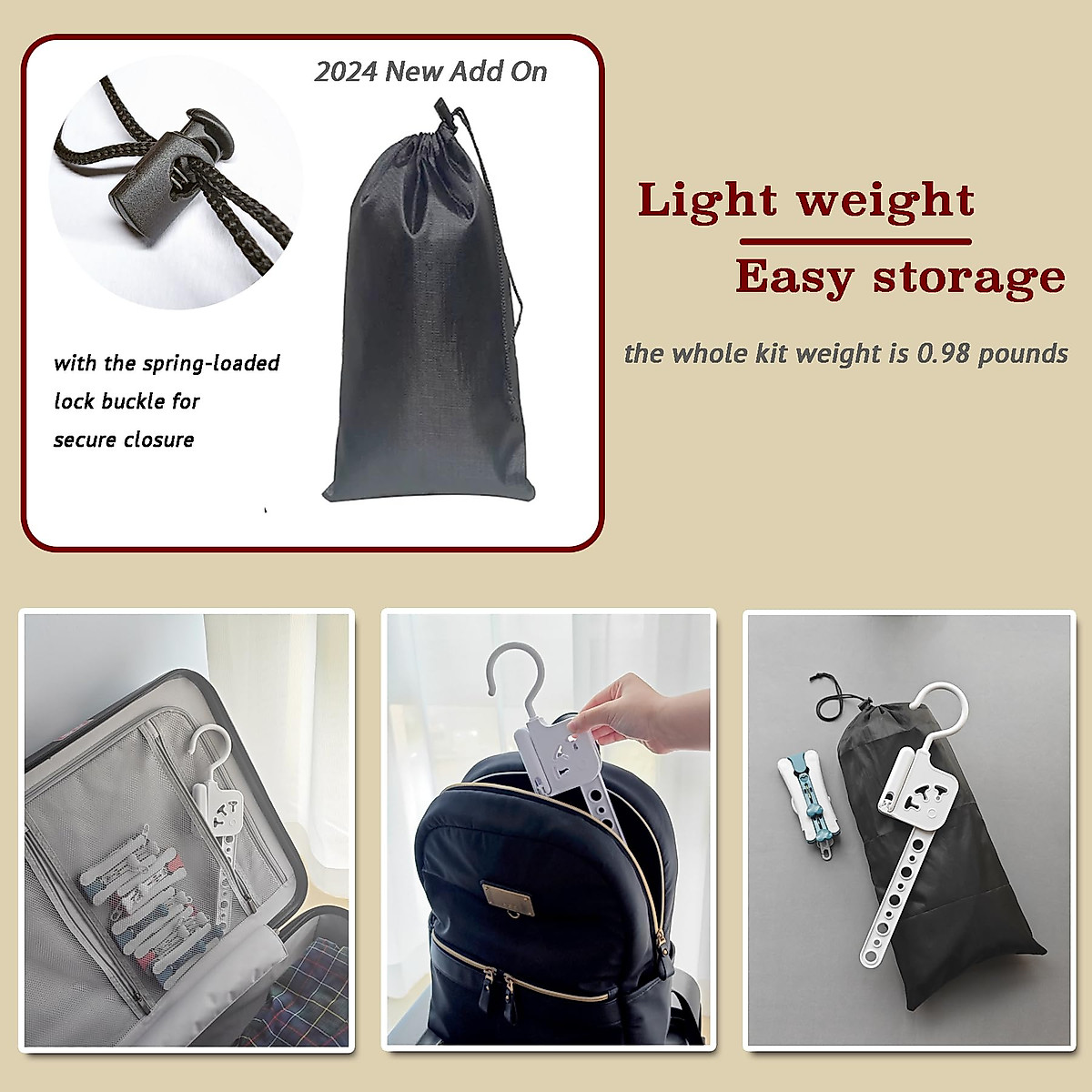 Travel Folding Drying Rack for Clothes with 5 Travel Hangers with Clips, Over The Door Hanger Hook, Storage Bag, Lightweight, Small-Size, Space-Saving for Laundry, Dorm, RV, Hotel