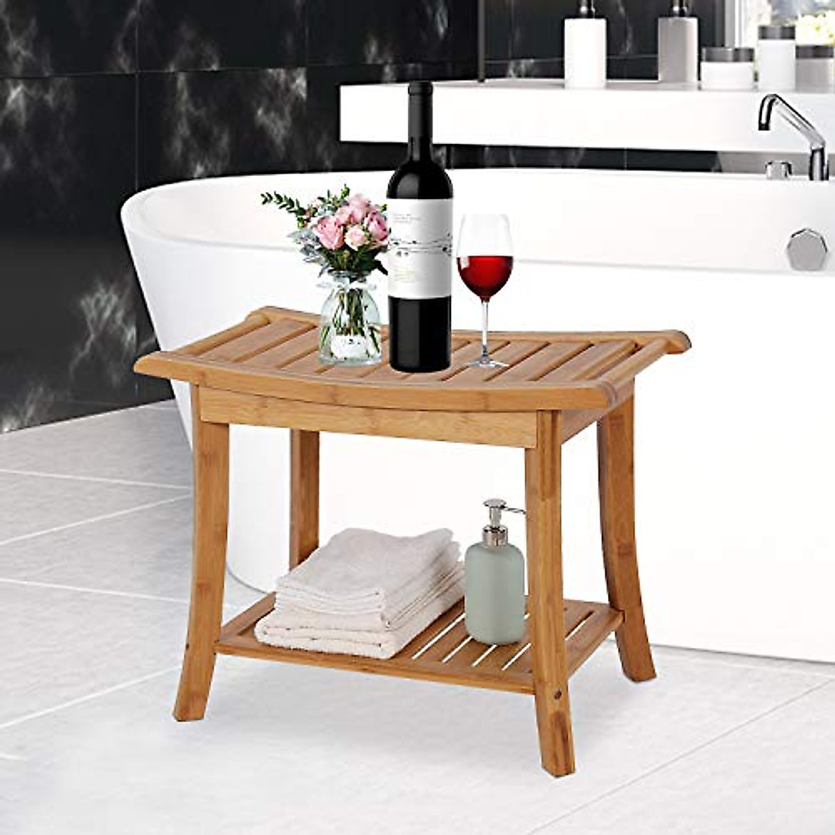 Kinlife Bamboo Shower Bench Bathroom Seat with Storage Shelf Wood Spa Bath Organizer Stool for Indoor