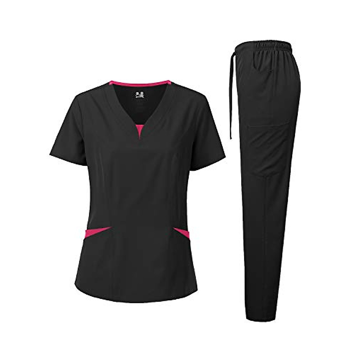 Dagacci Medical Uniform Women's Scrubs Set 4-Way Stretch Split Contrast Net and Pocket (Small, Black)
