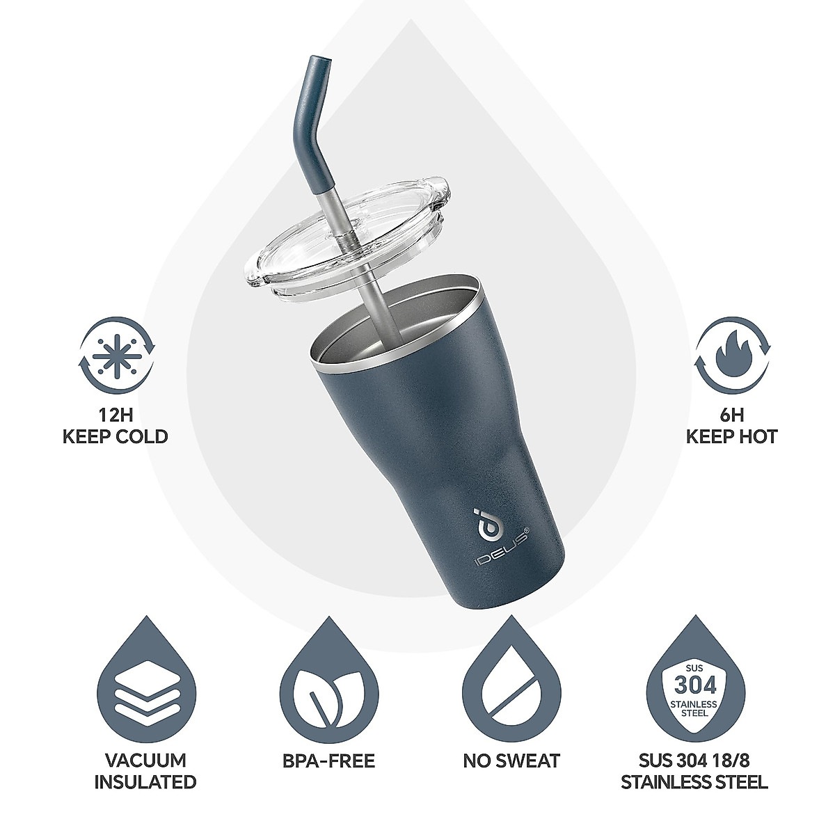 Ideus 14oz Stainless Steel Leak Proof Tumbler, Insulated Coffee Mug with Lid and Straw, Spill Proof Travel Coffee Cup, Double Wall Vacuum Flask for Adult Men and Women, Navy Blue