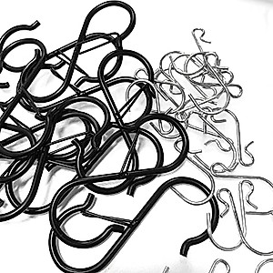 Hooney 32 Pack S Hooks,Heavy Duty Metal S Hooks with Safety Buckle Design,Multipurpose Metal Hooks,for Hanging String Lights,Bird feeders,Plants,Pots and Pans,Bags,Clothes(Black,Silver)