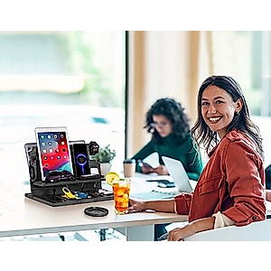 Black Extra Large Wood Phone Docking Station - Nightstand Organizer for Men & Women, iPad Stand For Desk, Tablet Stand Holder, Apple Watch Compatible, Holds Phones, Tablets, Keys, Glasses, EDC & more