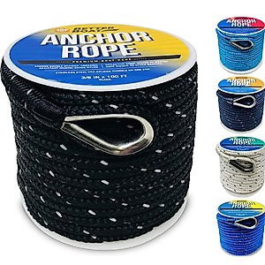 Premium Boat Anchor Rope 100 Ft Double Braided Boat Anchor Line Black Nylon Marine Rope Braided 3/8 Anchor Rope Reel for Many Anchors & Boats 3/8 Inch Black