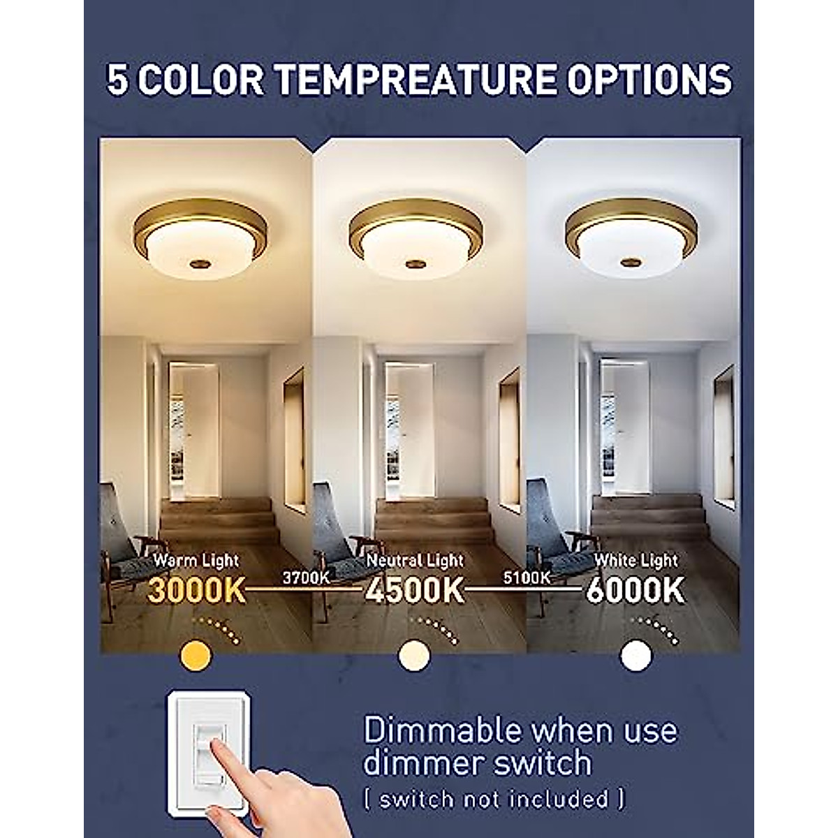 kudos LED Light Fixtures, 12 Inch Gold Flush Mount Ceiling Light Fixture and Brushed Gold Vanity Lights for Mirror, KDCL06-GD, KDVL04-GD-3