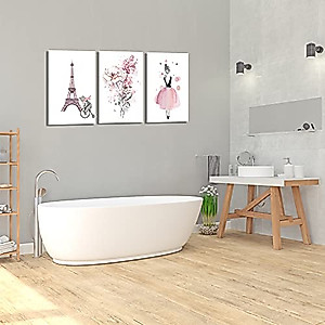 Wuxianghong Eiffel Tower Wall Decor Girls Pink Theme Room, Paris Wall Art Princess Girl Flowers Bedroom Decor,Canvas Art Framed Posters Paintings