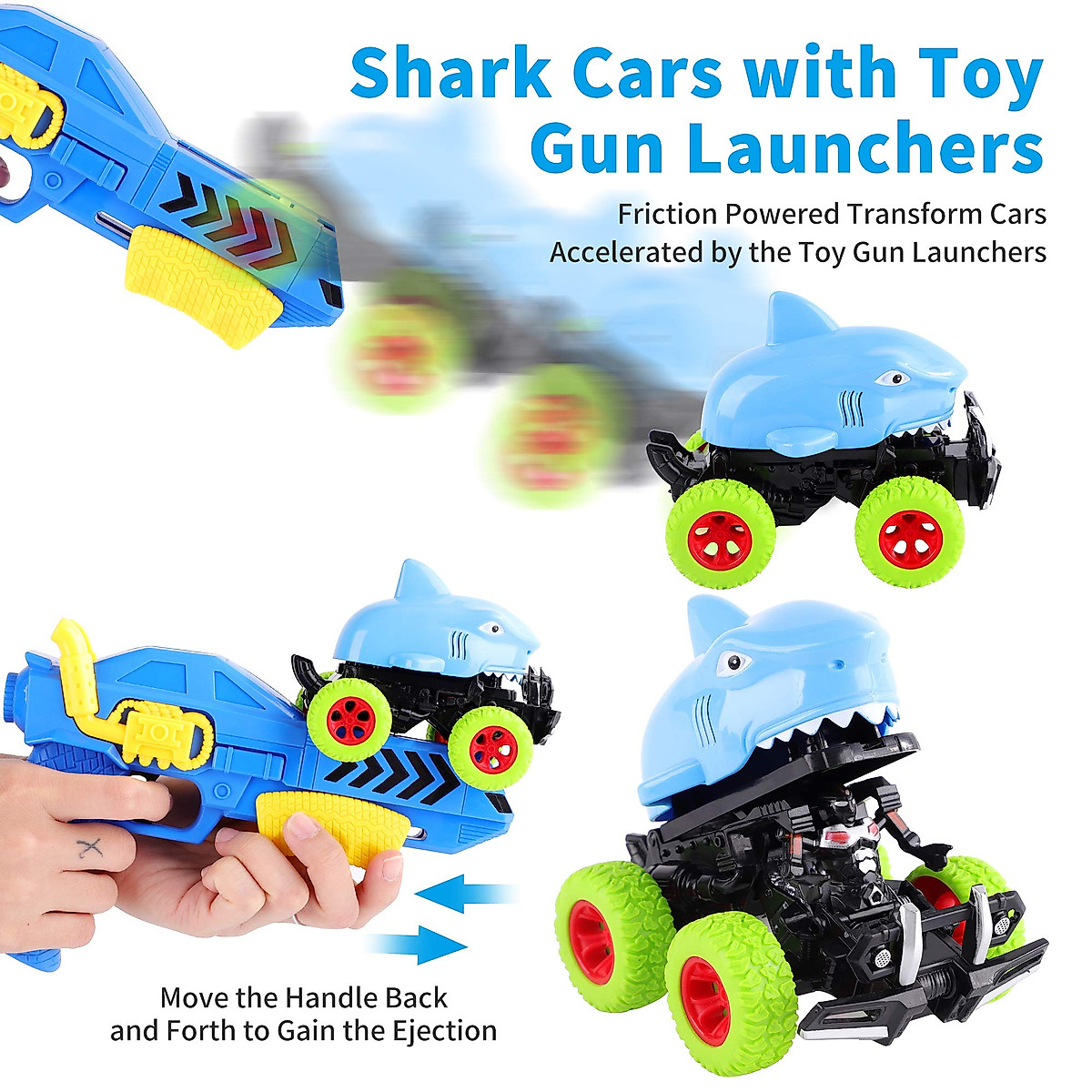 FiGoal Two Pack Shark Cars with Toy Gun Launchers Monster Toy Trucks, Friction Powered Toy Cars Vehicles for Boys and Toddlers Games Toys Gifts for Birthday