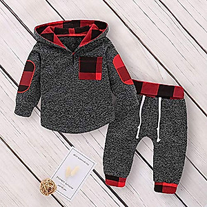 Ritatte Toddler Infant Baby Boys Clothes Plaid Long Sleeve Hoodie Sweatshirt Pants Fall Winter 5Pcs Outfits Set(Gray, 18-24 Months)