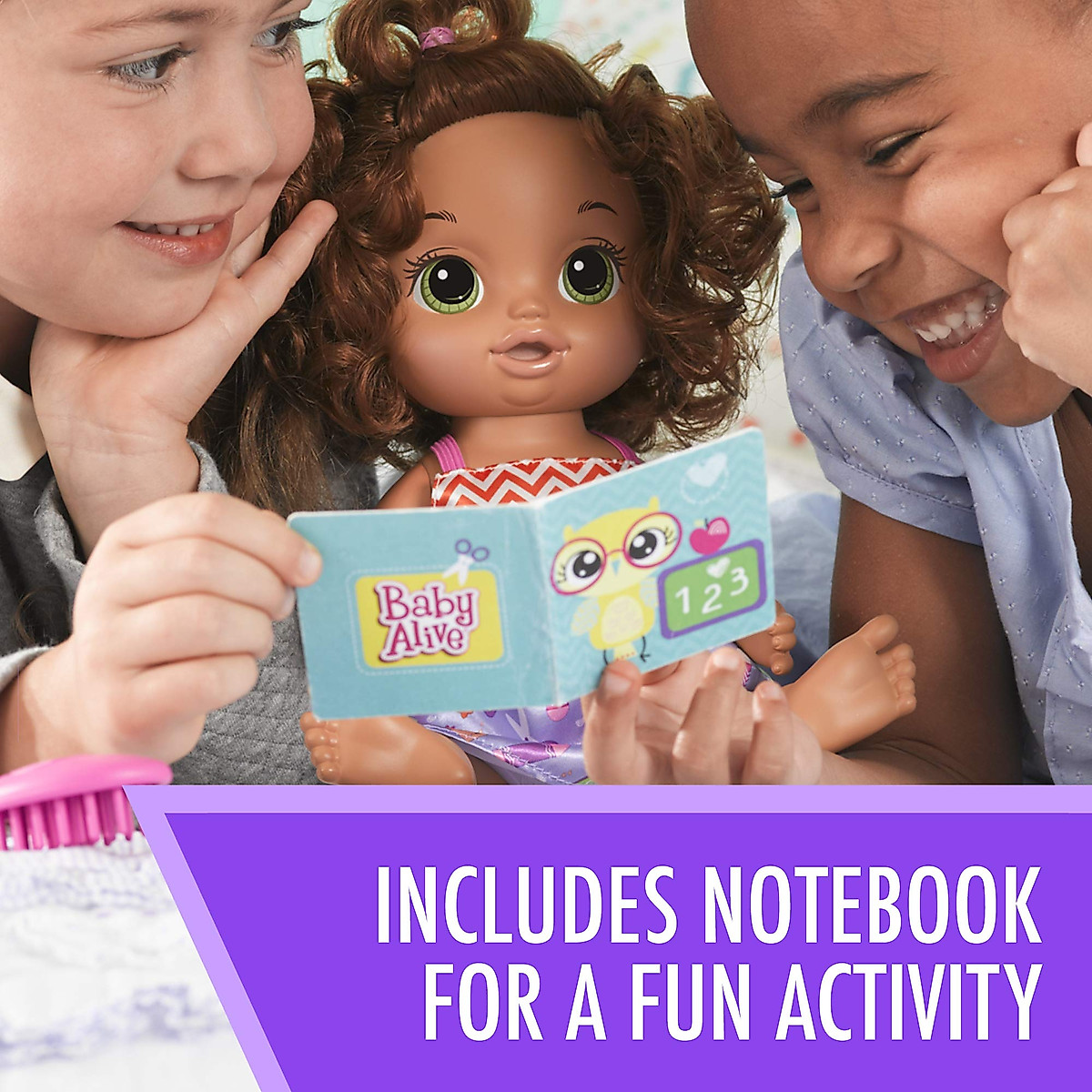 Baby Alive C2695 READY FOR SCHOOL BABY: Brown Hair Baby Doll, School-Themed Dress, Doll Accessories Include Notebook & Brush, Doll For 3-Year-Old Girls and Boys and Up, Multicolor (Amazon Exclusive)