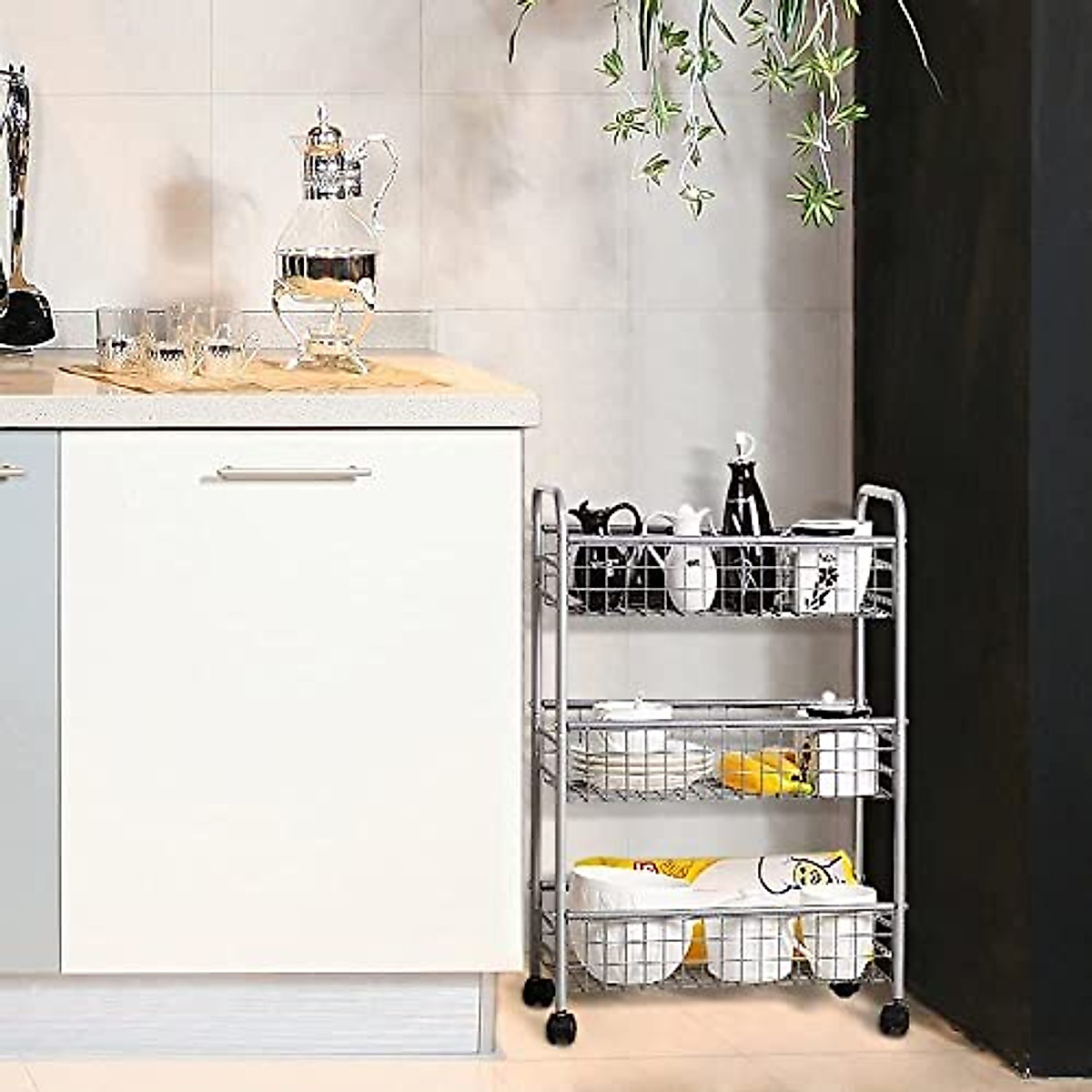 3 Tier Kitchen Island Cart on Wheels Sliding Sink Organizer Rolling Stand Racks