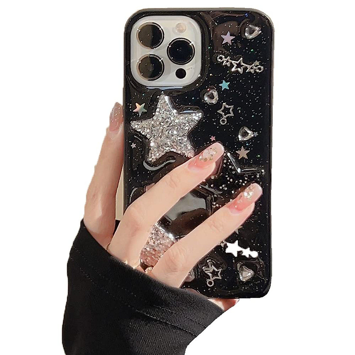 LOLAGIGI for iPhone 13 Pro Max Case Bling Stars 3D Hearts Diamond Twinkle Star Glitter Y2K Spark Luxury Girly Aesthetic Personalized Design for Women Girls Teens TPU Case, 6.7", Black