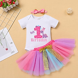 Pink Dinosaur Party Supplies 1ST Birthday Boho Rainbow Tutu Outfit for Baby Girl Wild One Year Old Party Cake Smash Photo Shooting Props Spring Easter Dress Headband Clothes Set Rose Gold 12 Months