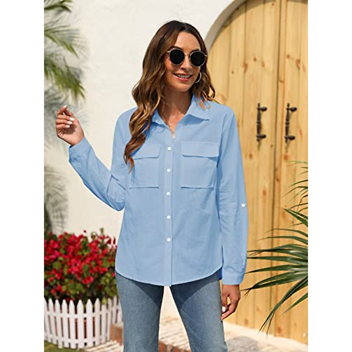 Runcati Womens Button Down Shirt Cotton Linen Long Sleeve V Neck Dress Shirts Casual Loose Roll Up Work Blouse Tops with Pockets Sky Blue