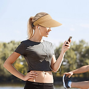 Roniky Women Straw Sun Visor Hat Wide Brim Summer UV Protection Ponytail Visor Beach Cap Foldable Packable UPF 50+ Khaki