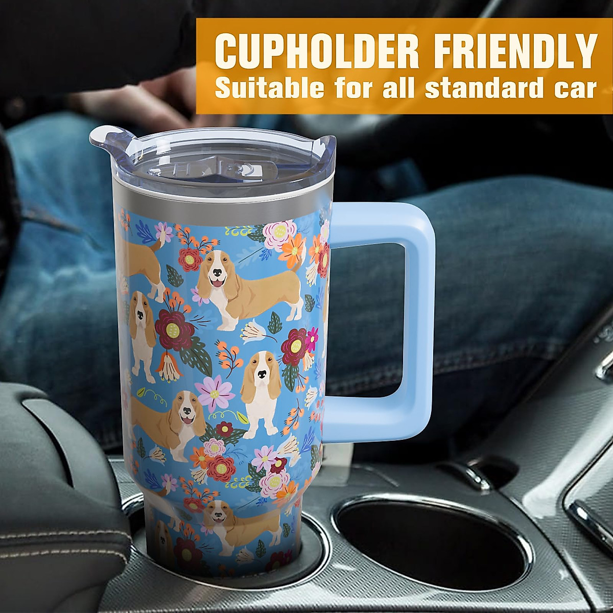 owbgsdh Basset Hound Gifts for Women Dog Lovers 40 oz Floral Basset Hound Tumblers with Handle and Straw, Stainless Steel Vacuum Insulated Travel Coffee Mug Cup Water Bottle