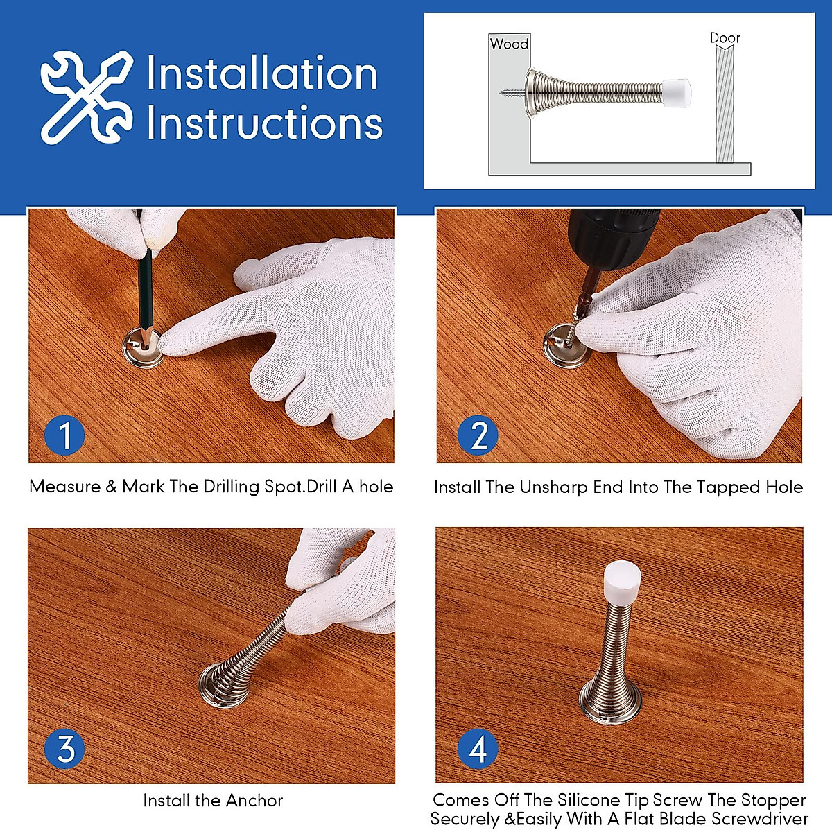 60 Pcs Spring Door Stopper Bulk 3-1/8" Wall Mounted Stainless Steel Spring Door Stops Heavy Duty Flexible Door Stopper with Rubber Bumper Tips Screw in Door Stoppers Wall Protector for Office Home