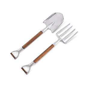 Vagabond House Pewter Metal Fork & Shovel Head with Acacia Wood Salad Serving Set Garden Set Serving Tools 11 inch Long