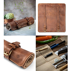 Angus Stoke knife roll bag made of real buffalo leather | 14-slot leather knife case for chef's knives - large knife bag Duplex (brown)