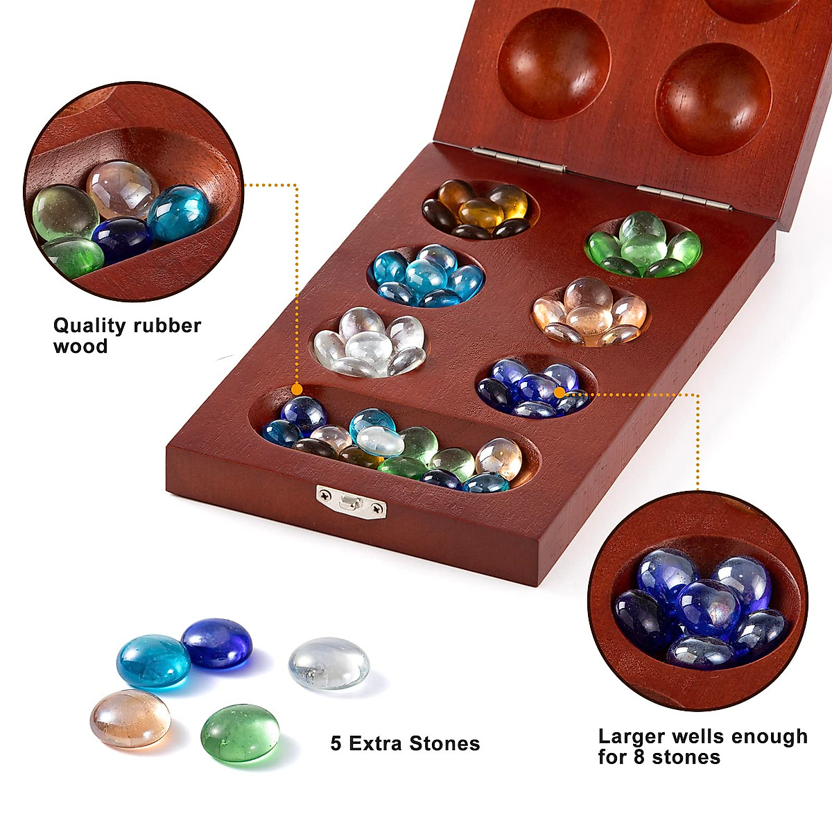 Crobyi Mancala Board Game Set for Kids & Adults, Includes Portable Folding Rubber Wood Board, 48+5 Glass Stones, Stones Storage Bag & Mancala Instructions. Classic Marble Board Game for Family.
