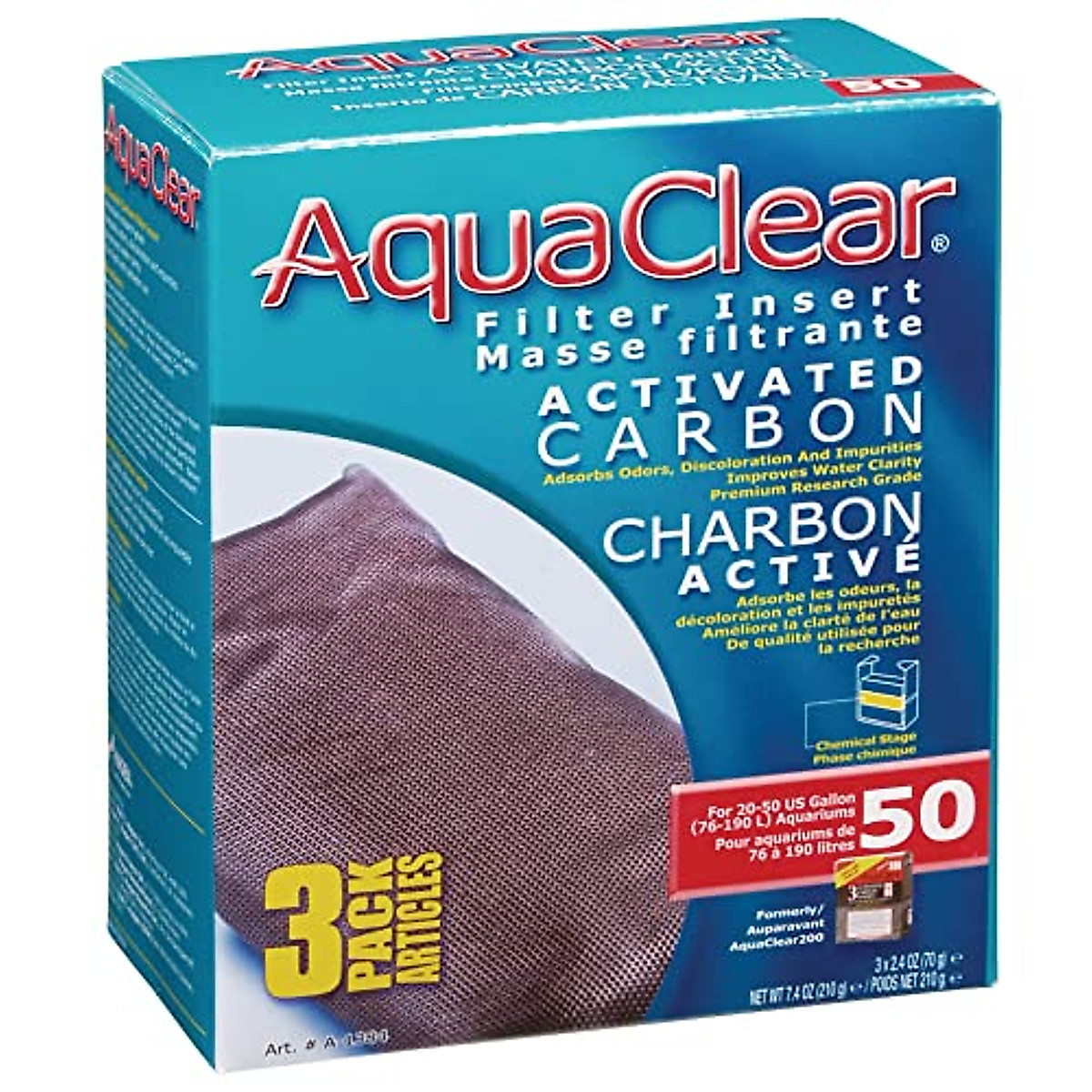 AquaClear Activated Carbon Filter Inserts, 3 Pack – Replacement Chemical Filter Media for 50 Gallon Tank