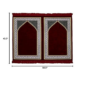 Modefa Turkish Islamic Prayer Rug - Wide Velvet Praying Mat - Multi Person Muslim Janamaz Sajada for Family - Group Praying Carpet - Solid 2 Person (Red)