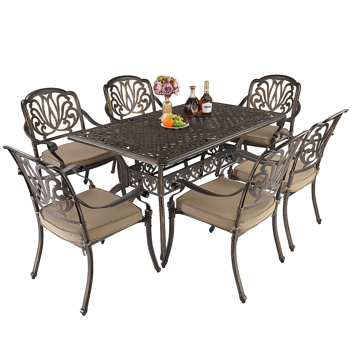 VINGLI 7 Pieces Outdoor Patio Dining Set, Cast Aluminium Patio Furniture Set with 6 Chairs and Large Table for Yard, Garden, Porch and Poolside, Bronze