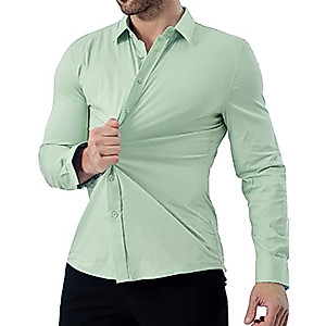 ZAFUL Men Long Sleeve Green Dress Shirt Stretch Wrinkle-Free Casual Slim Fit Button-Down Shirts Light Green XL