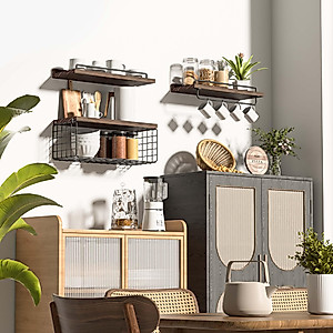 RYOFOBETTO Bathroom Shelves, Floating Shelves Over Toilet Paper Holder, Wall Mounted Rustic Wood Storage Basket Shelves for Bedroom, Living Room & Kitchen, Set of 3 (Brown)