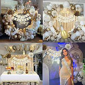 Golden Birthday Party Decorations, Gold Birthday Decorations, Happy Birthday Banner White and Gold Balloons Fringe Curtain Tablecloth Birthday Sash Crown Paper Pom Poms for Women Girls Men Boys
